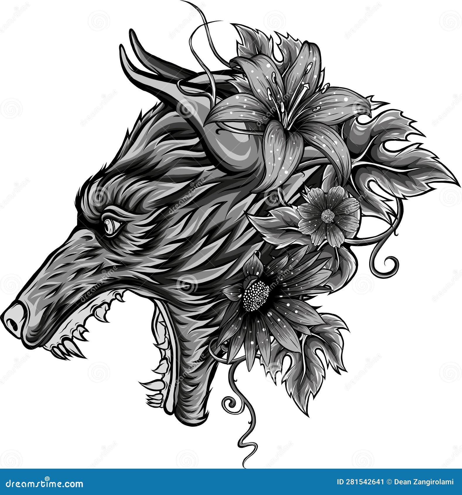Monochromatic Illustration of Flowers and Wolf S Head Stock Vector ...