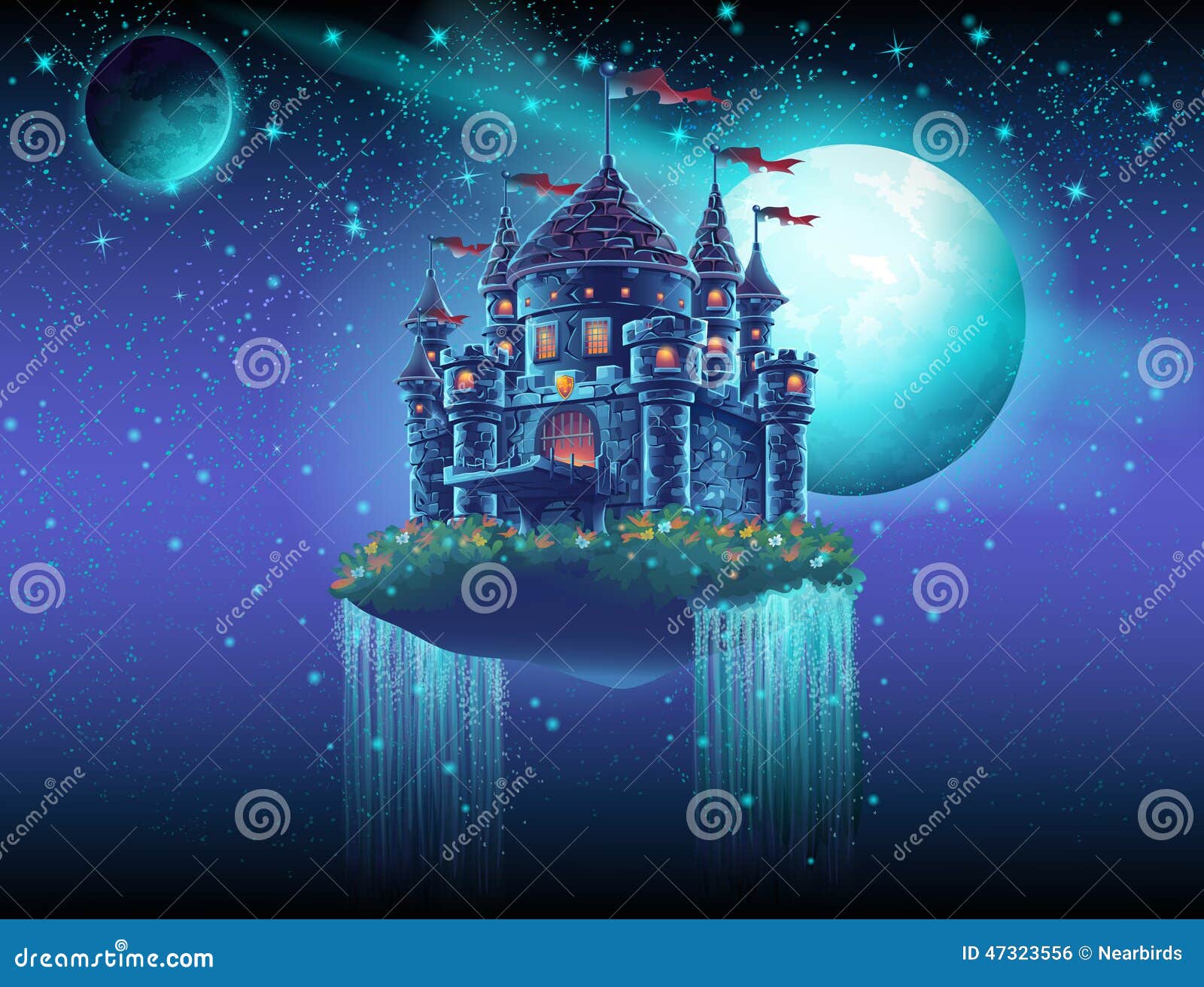 Illustration of a Flying Castle in Space Against a Background of Stars ...