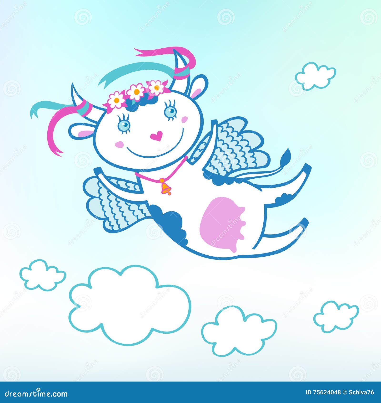 Illustration of Flying Funny Cow in the Sky with Clouds Stock Vector ...