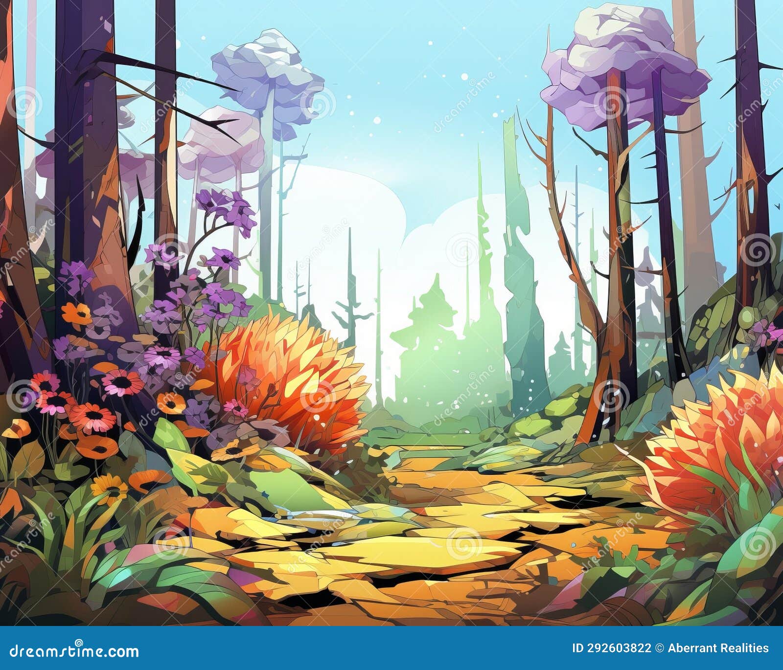An Illustration of a Forest with Flowers and Trees Stock Illustration ...