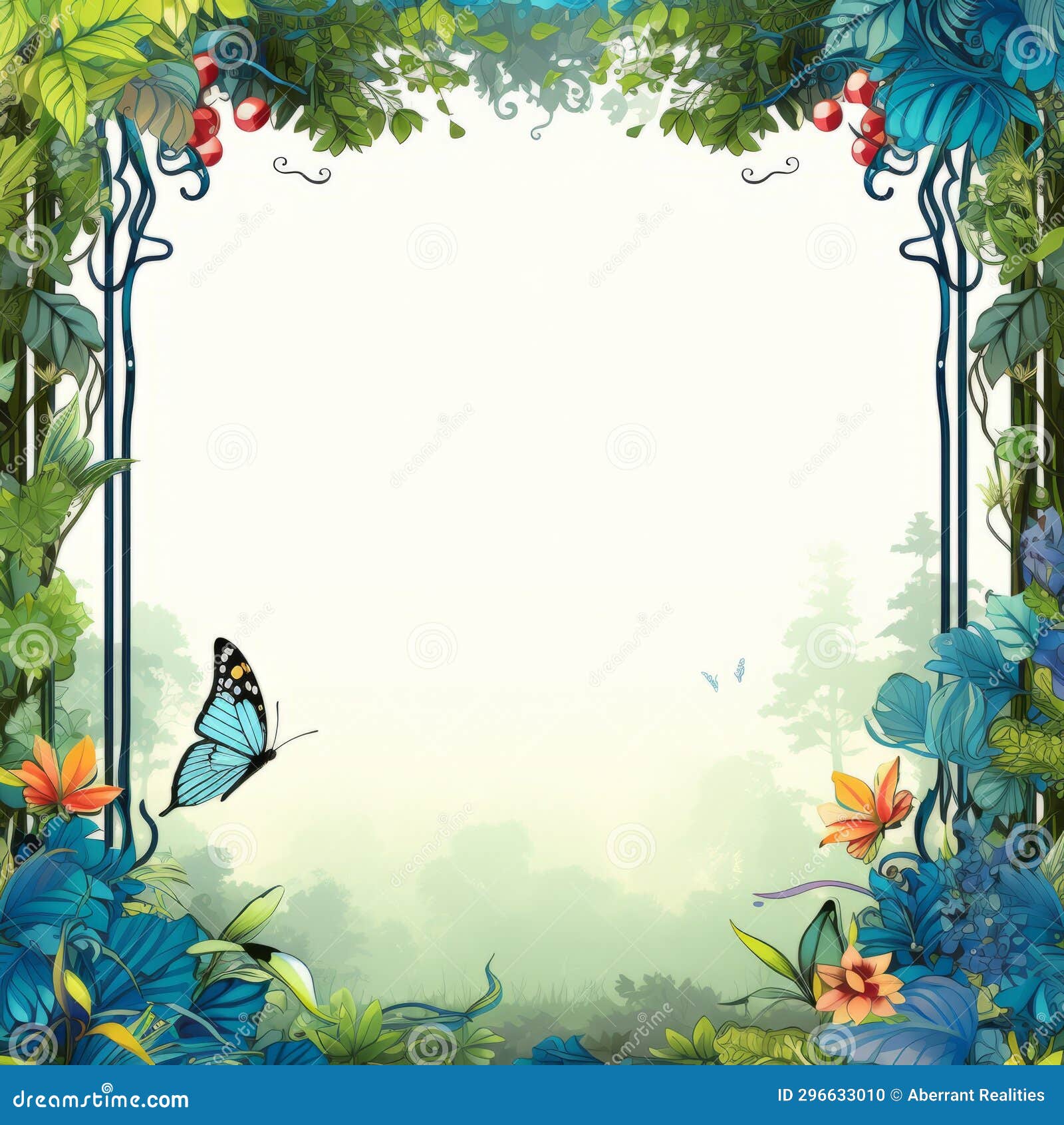 An Illustration of a Forest Frame with Butterflies and Flowers Stock ...