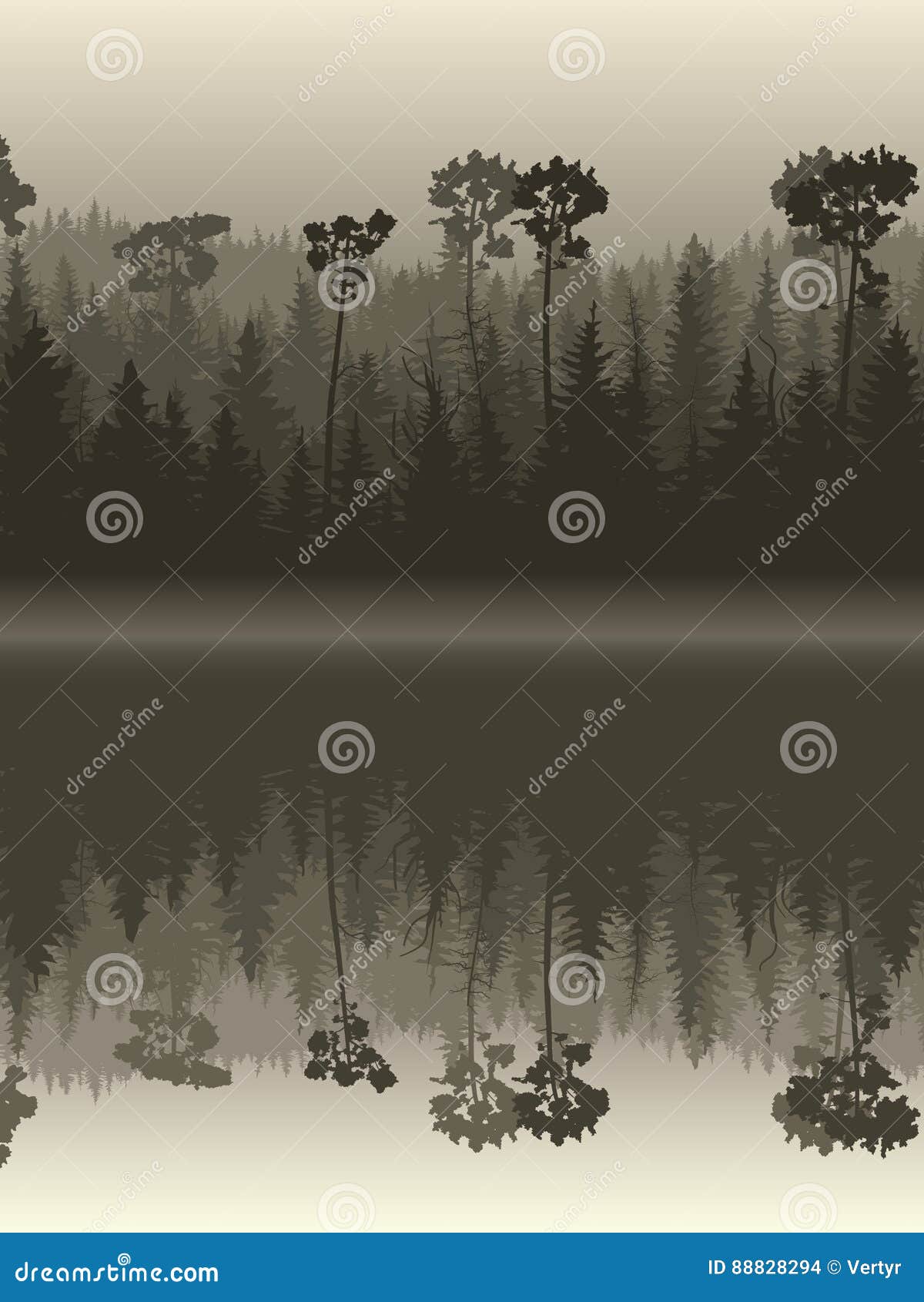 Illustration of Forest with Its Reflection in Water. Stock Vector ...