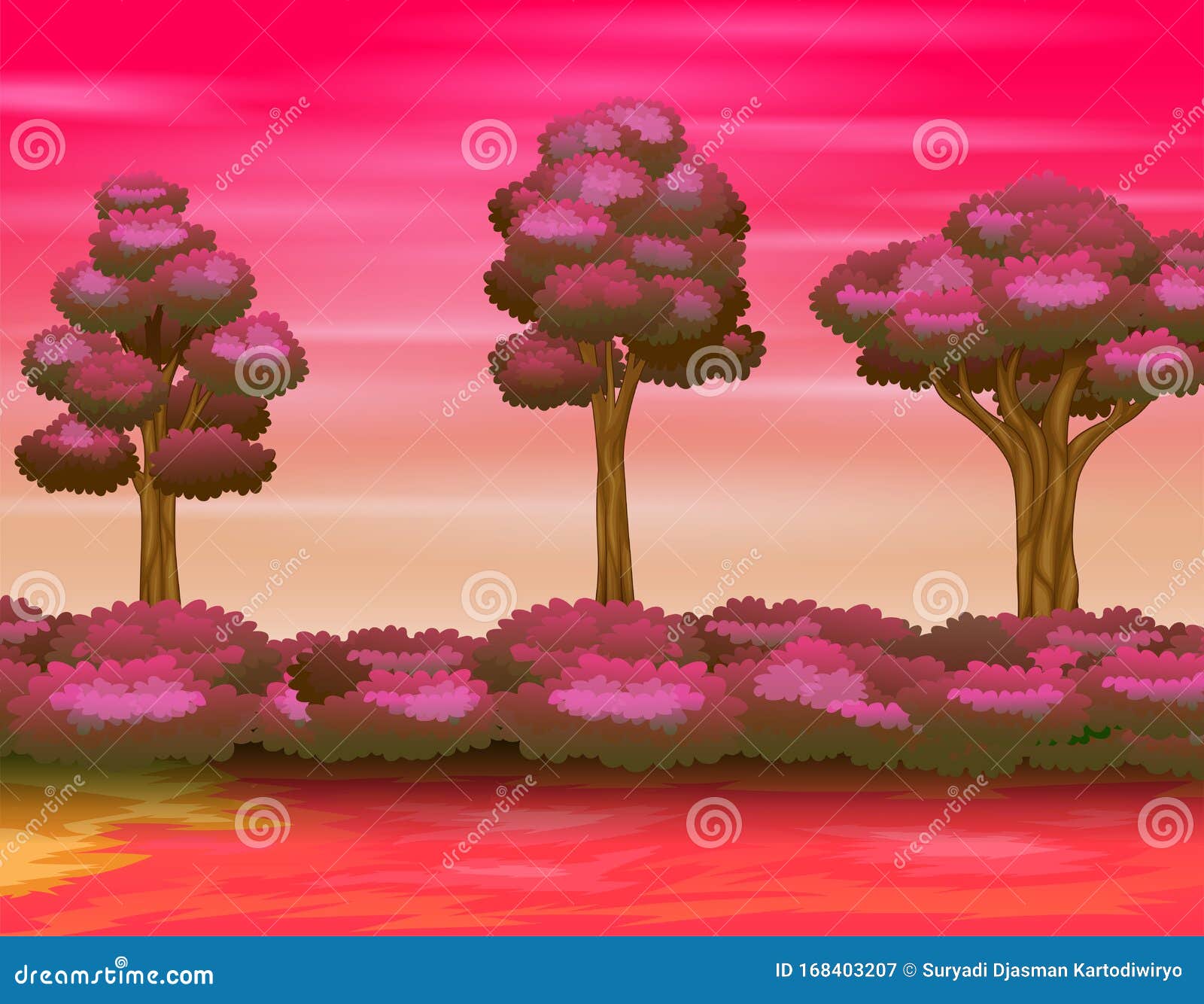 Illustration of Forest Landscape on the Pink Sky Stock Vector ...