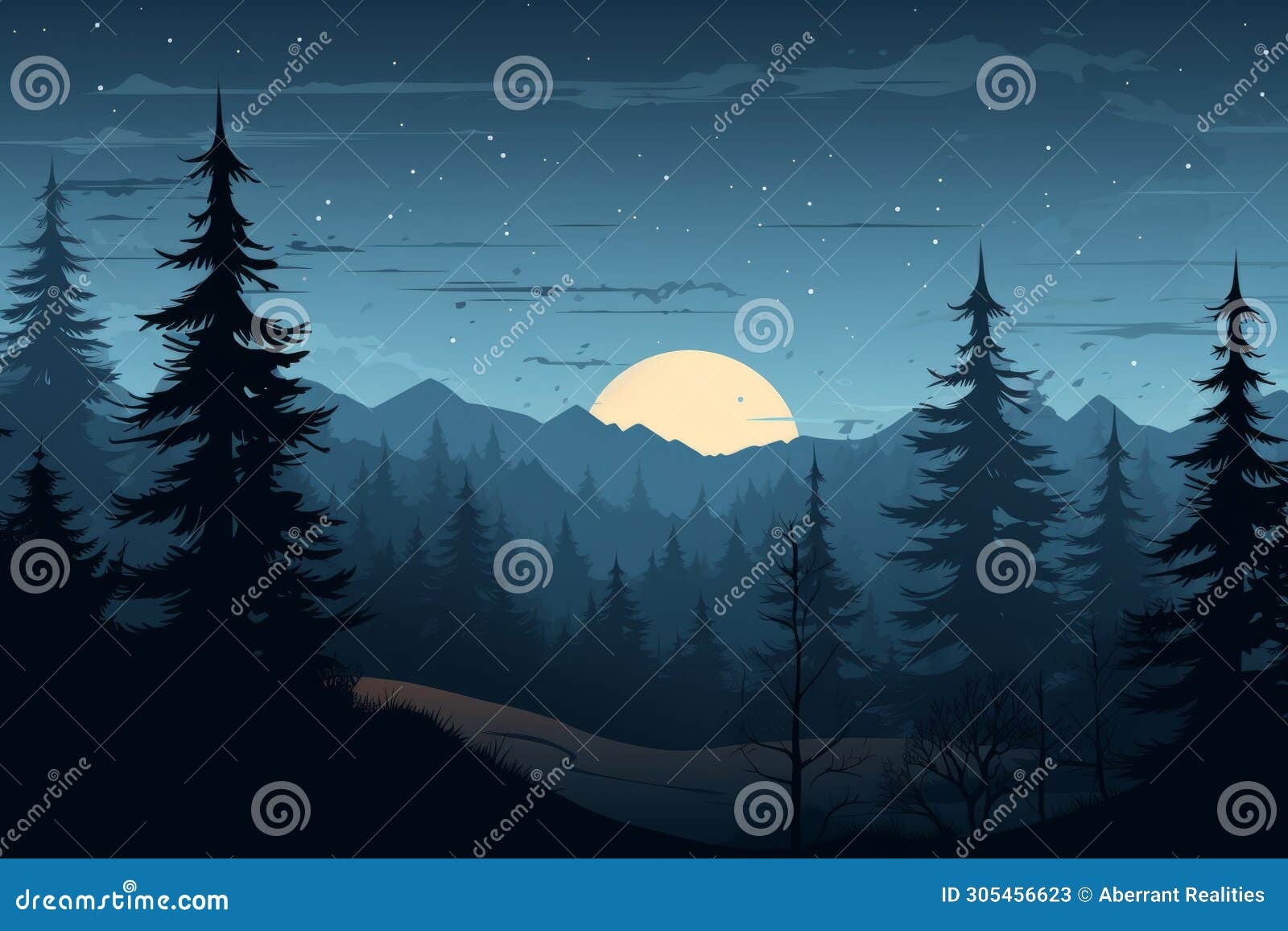An Illustration of a Forest at Night with a Full Moon Stock ...