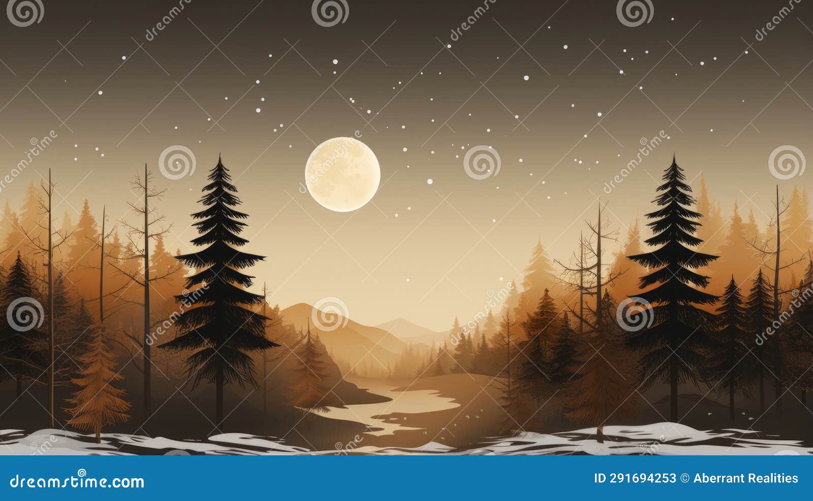 An Illustration of a Forest at Night with a Full Moon Stock ...