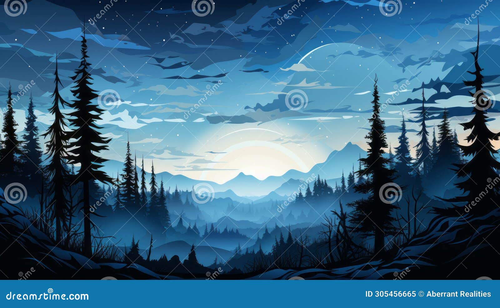 An Illustration of a Forest at Night with Mountains in the Background ...