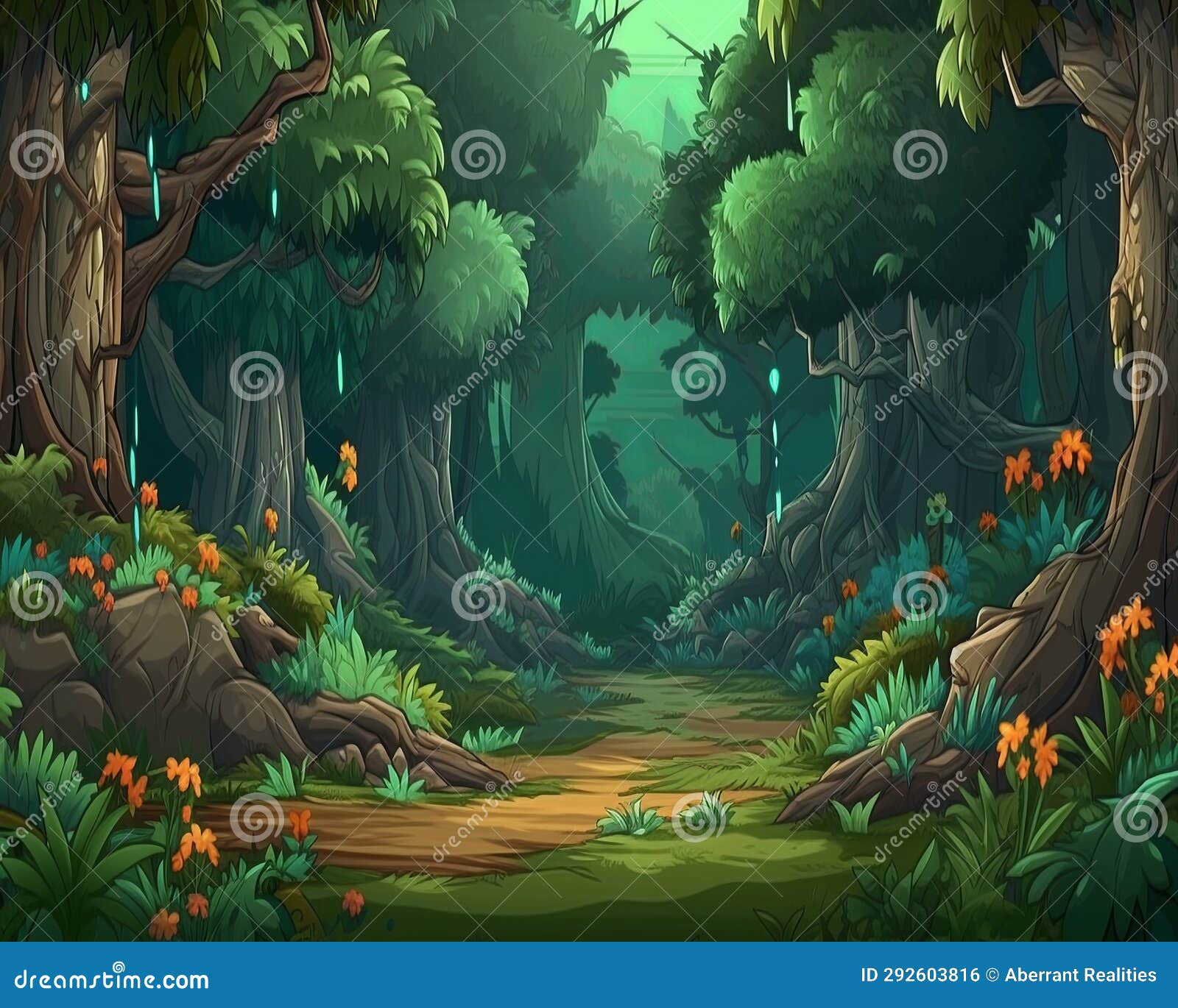 An Illustration of a Forest Path with Trees and Flowers Stock ...