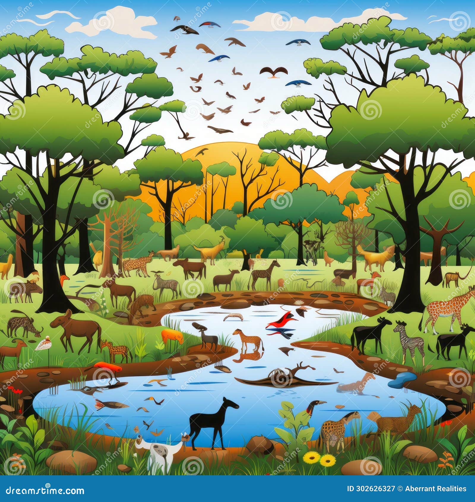 An Illustration of a Forest Scene with Animals and Birds Stock ...