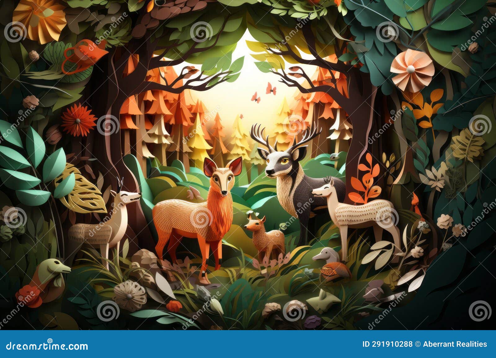 An Illustration of a Forest Scene with Deer and Other Animals Stock ...