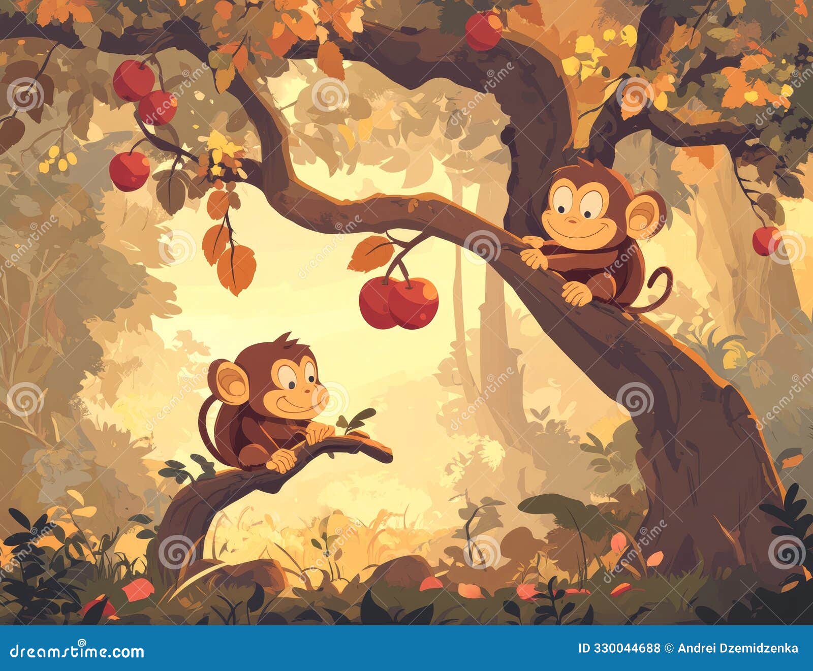 An Illustration of a Forest Scene with Monkeys and Apple Trees Stock ...
