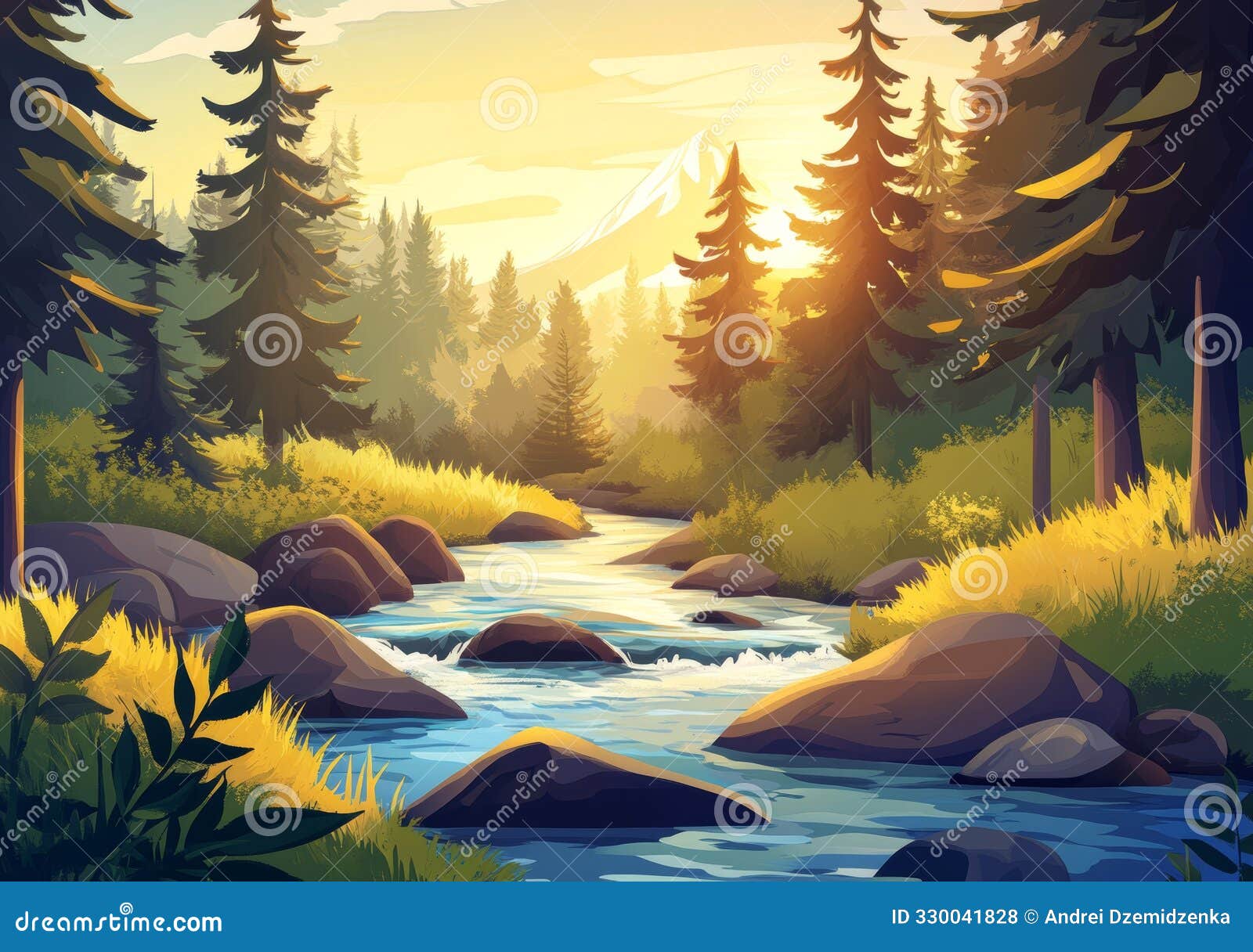 Illustration of a Forest Scene with Trees and a River Stock Photo ...