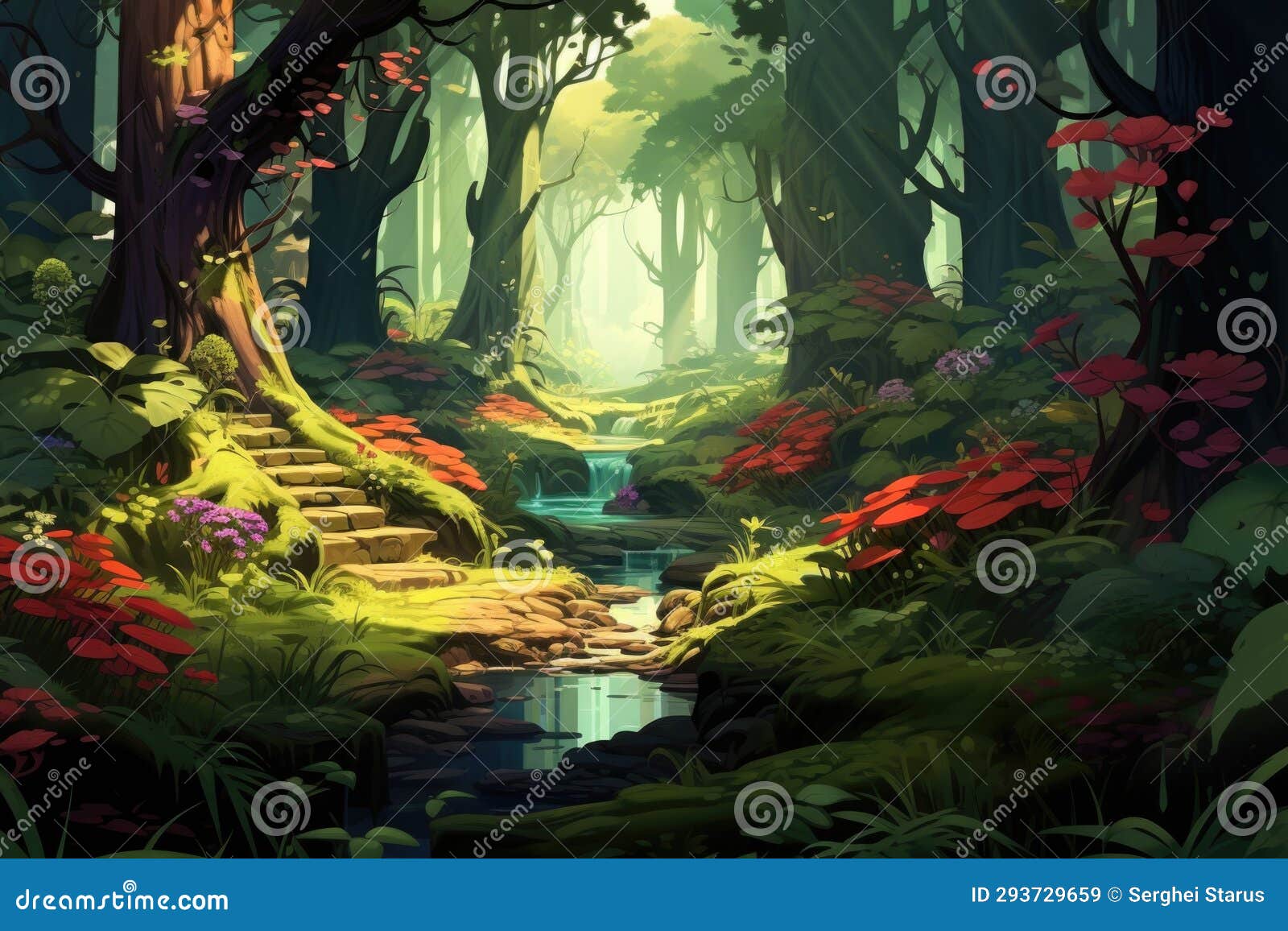 An Illustration of a Forest with a Stream and Steps, AI Stock Image ...