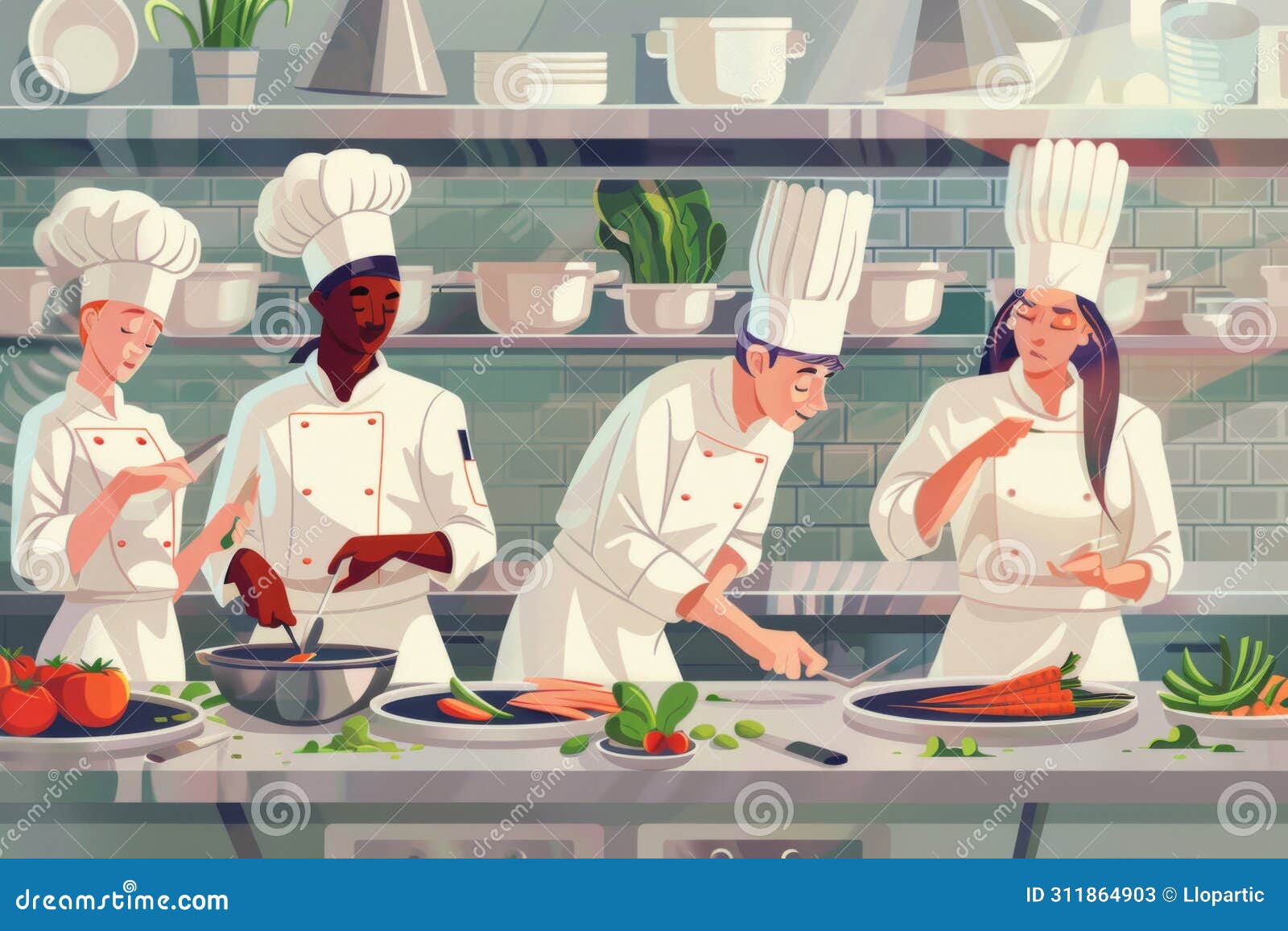 Illustration of Four Diverse Chefs Cooking in a Professional Kitchen ...