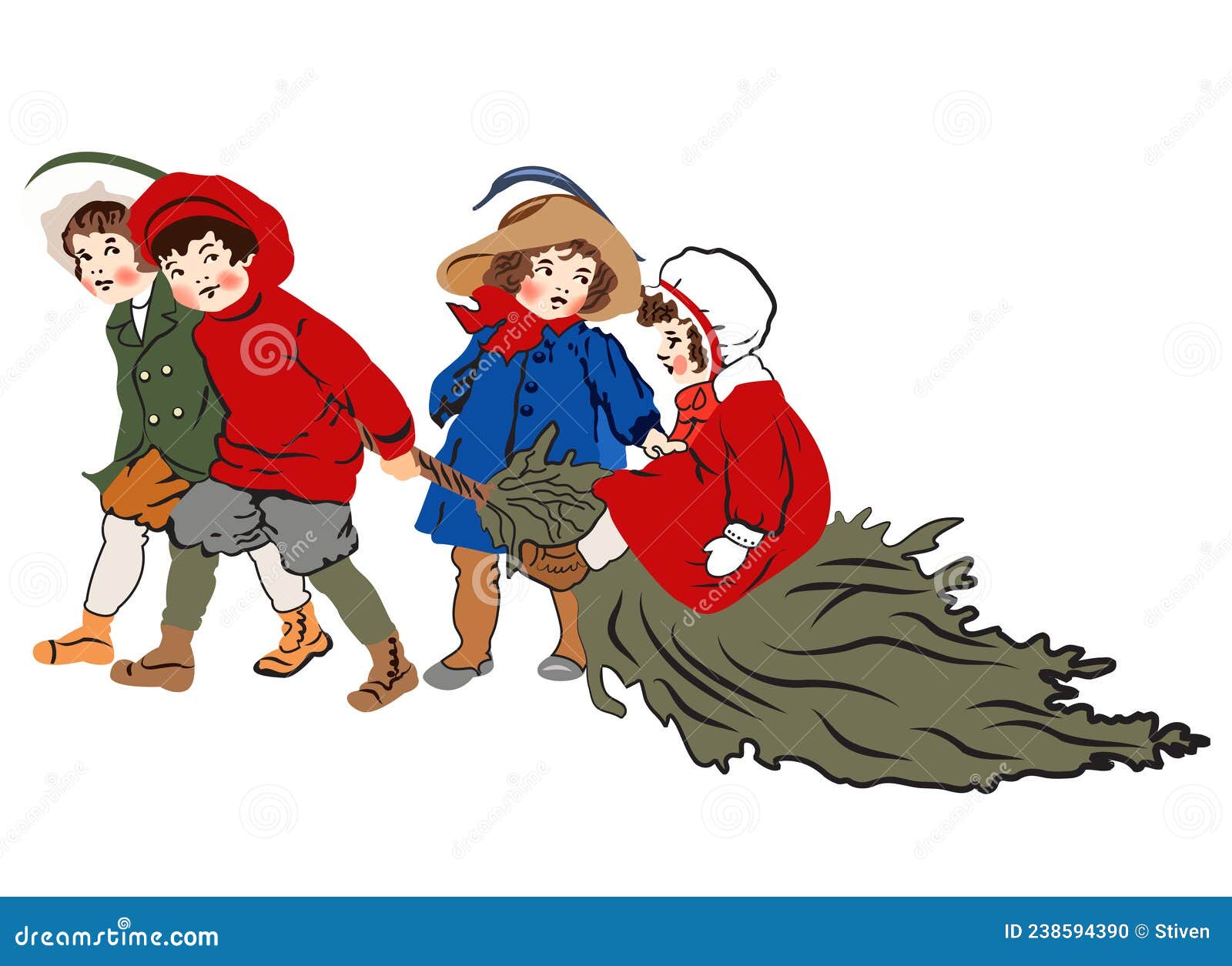 Four Kids Pulling Christmas Tree Stock Vector - Illustration of snow ...
