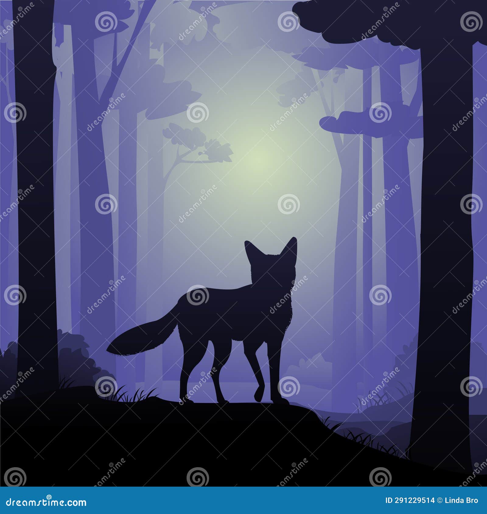 Illustration of a Fox in a Dark Forest Stock Vector - Illustration of ...