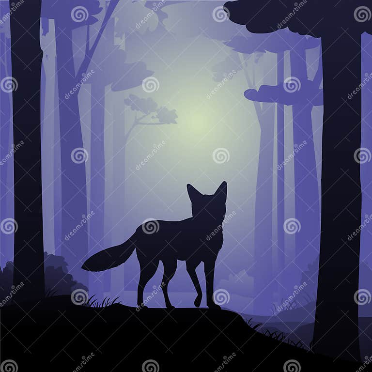 Illustration of a Fox in a Dark Forest Stock Vector - Illustration of ...