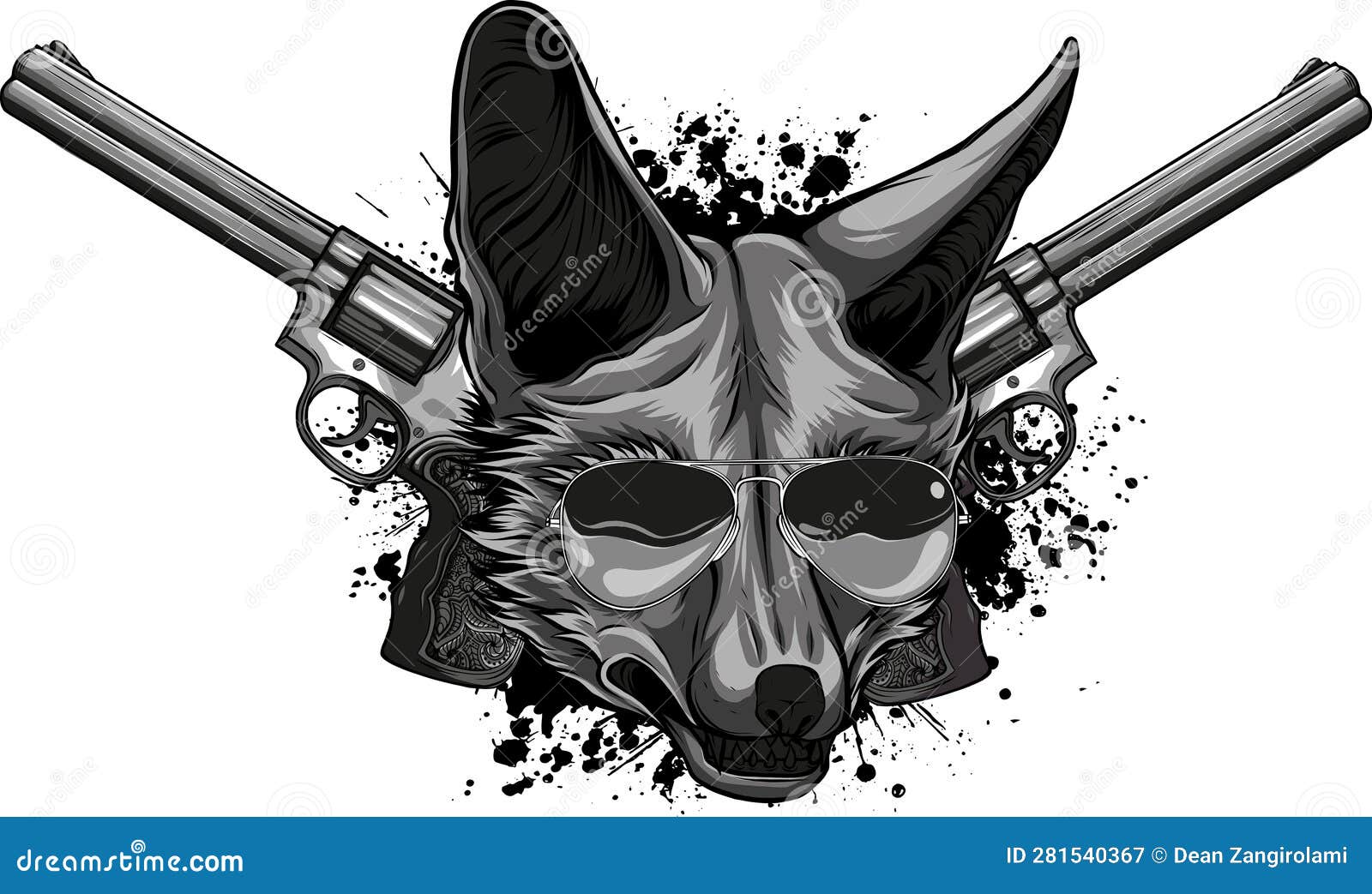Monochromatic Illustration of Fox Head with Two Gun Stock Vector ...