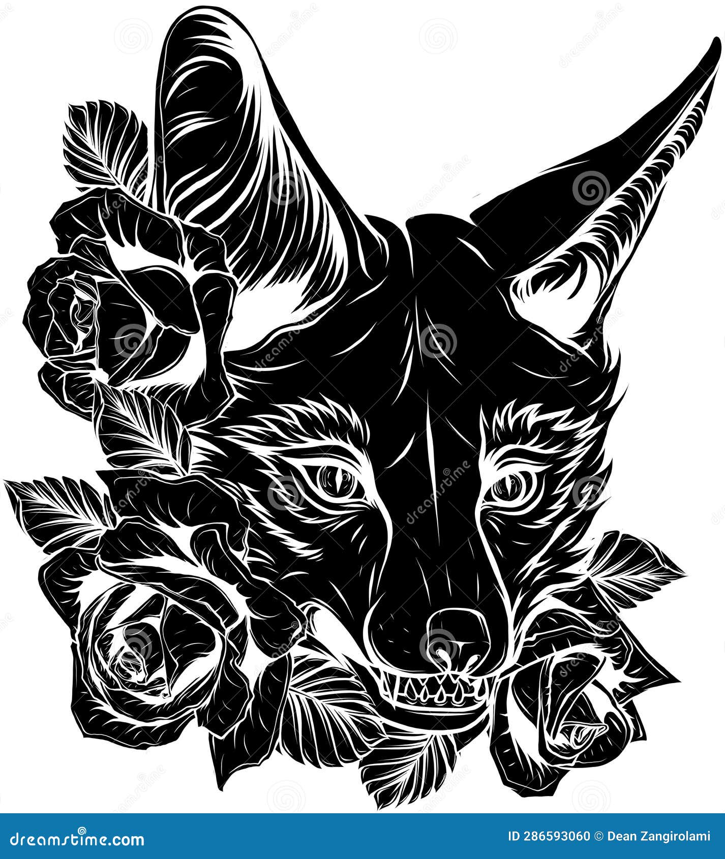 Black Silhouette of Fox and Roses Flowers Stock Illustration ...