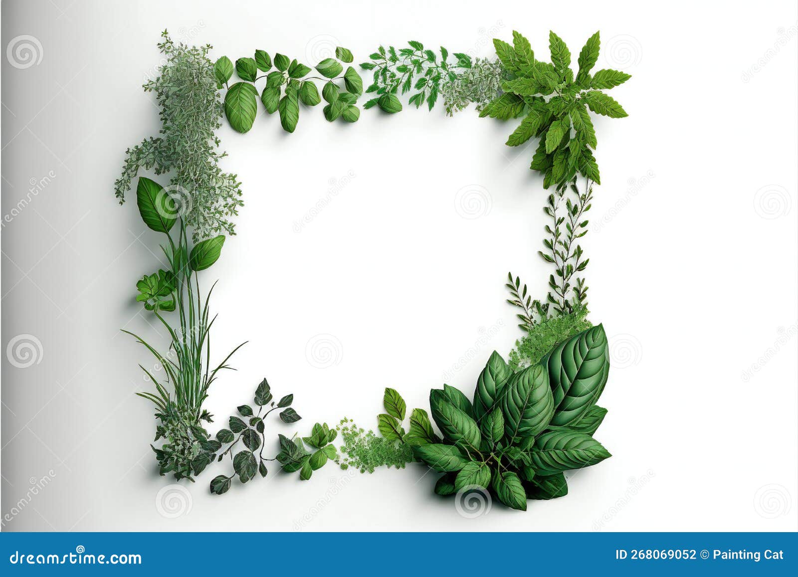 Frame of Green Herbs on White Background, Digital Illustration Painting ...