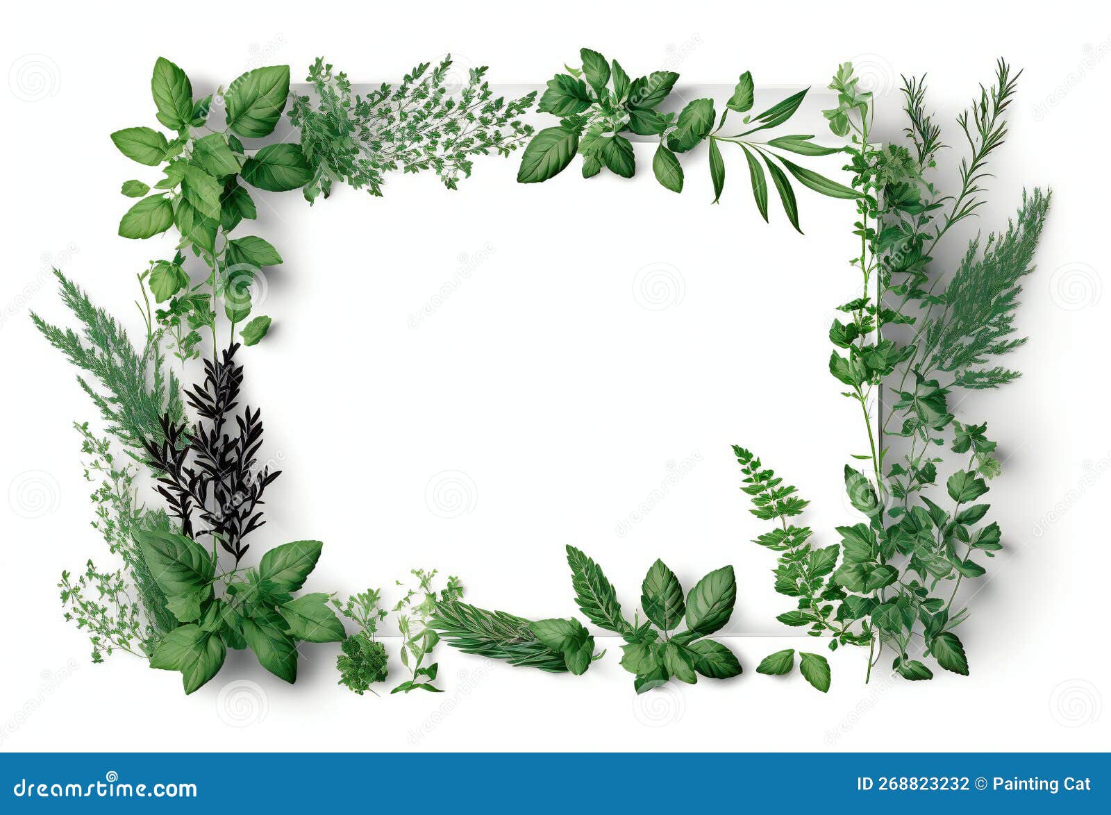 Frame of Green Herbs in White Background, Digital Illustration Painting ...