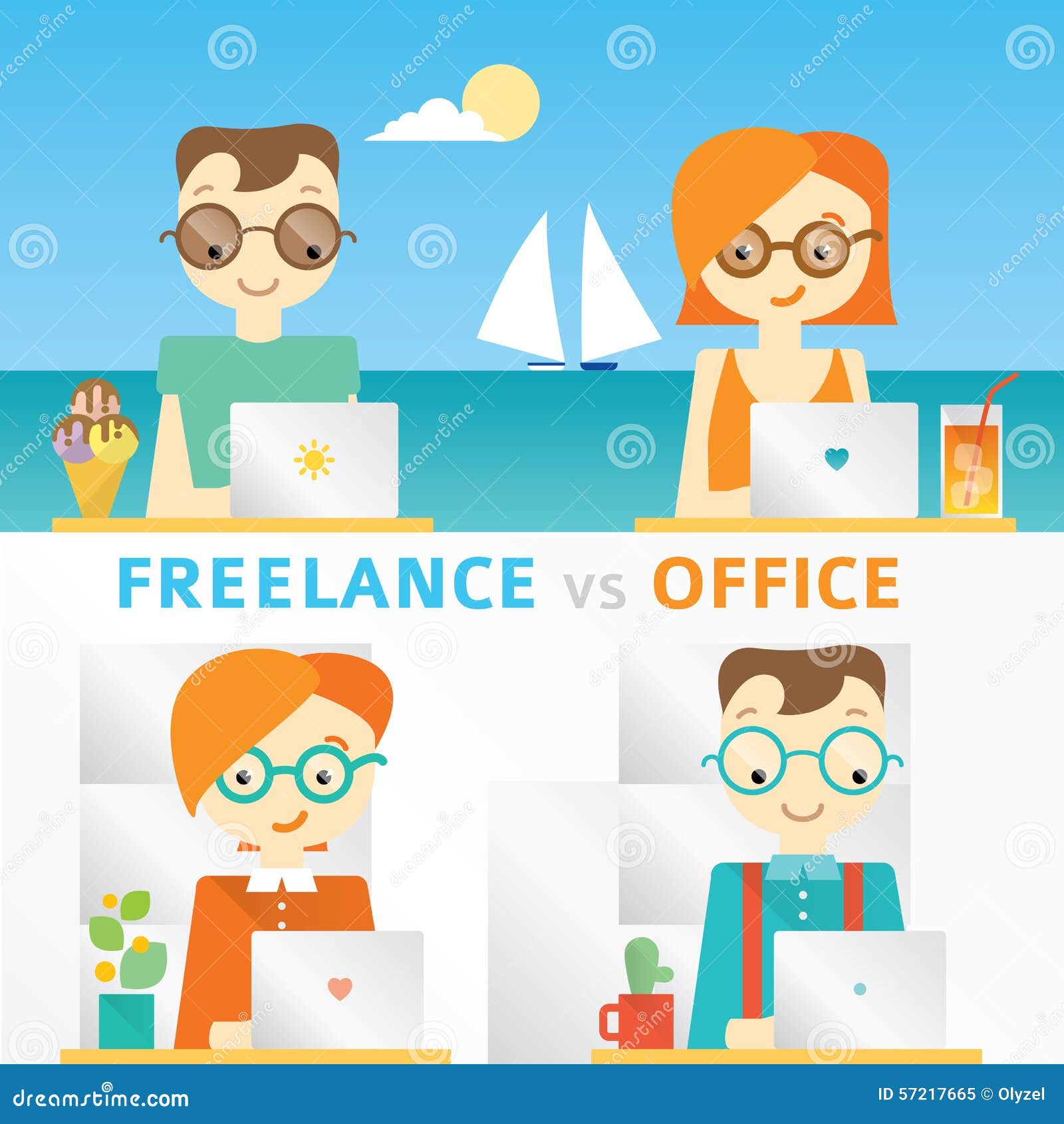 Illustration about Freelancers Working on the Seaside and Teamwork in ...