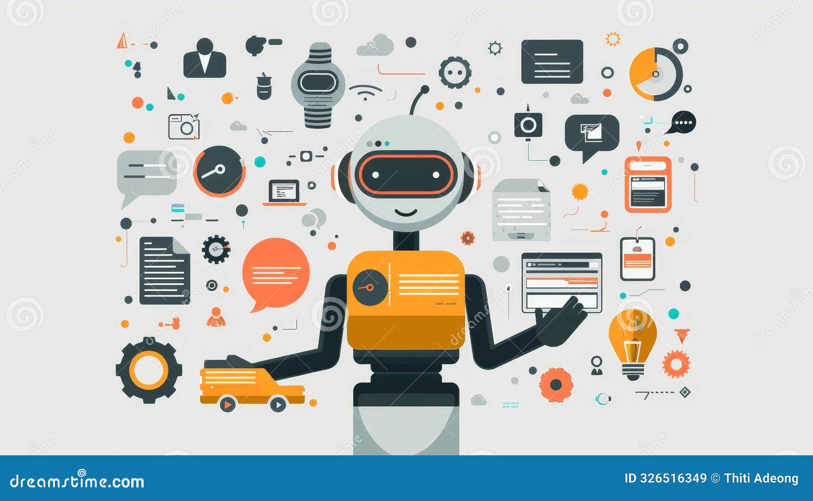 Illustration of a Friendly Robot with Multiple Icons, Symbolizing ...