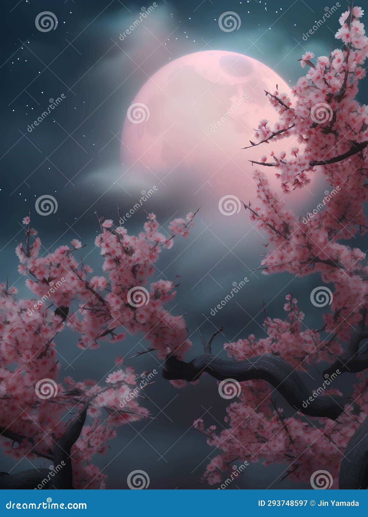 Illustration of a Full Moon and Cherry Blossom Tree in Full Bloom Stock ...