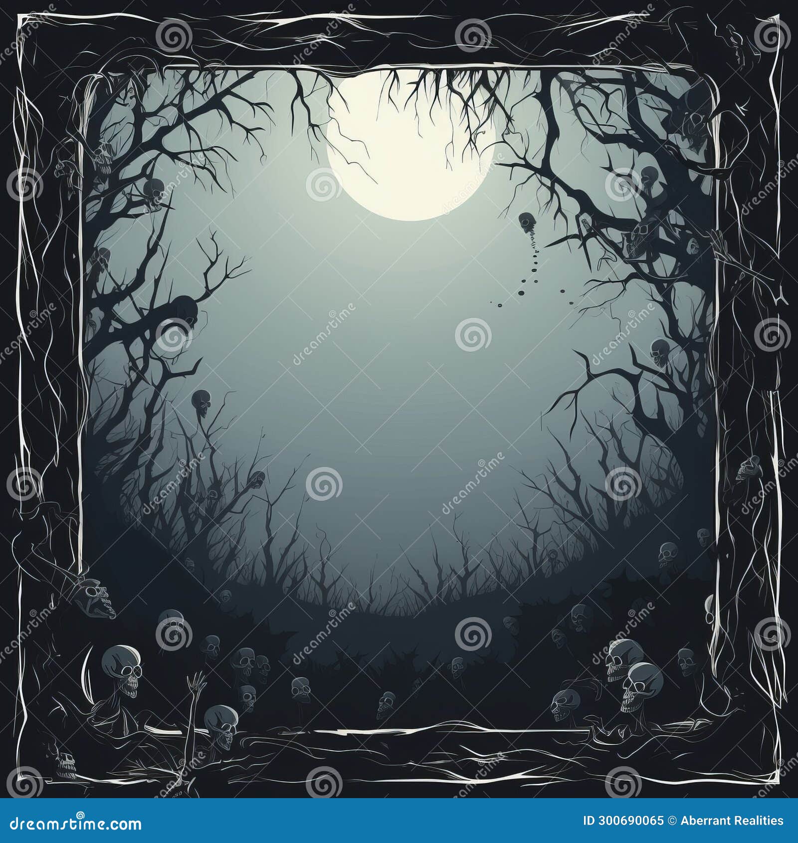 An Illustration of a Full Moon in a Frame with Trees and Skulls Stock ...