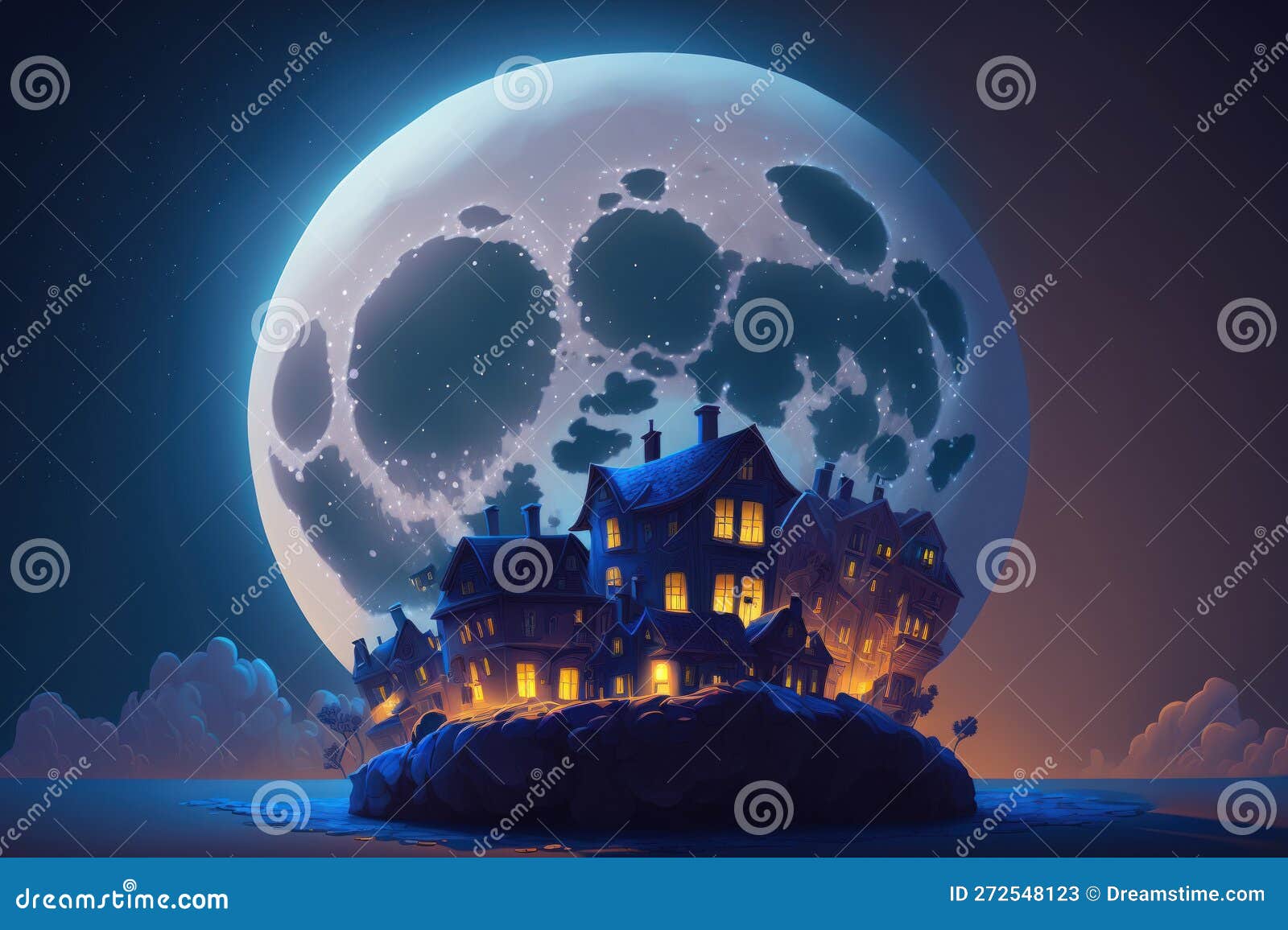 An Illustration of a Full Moon Night Stock Illustration - Illustration ...