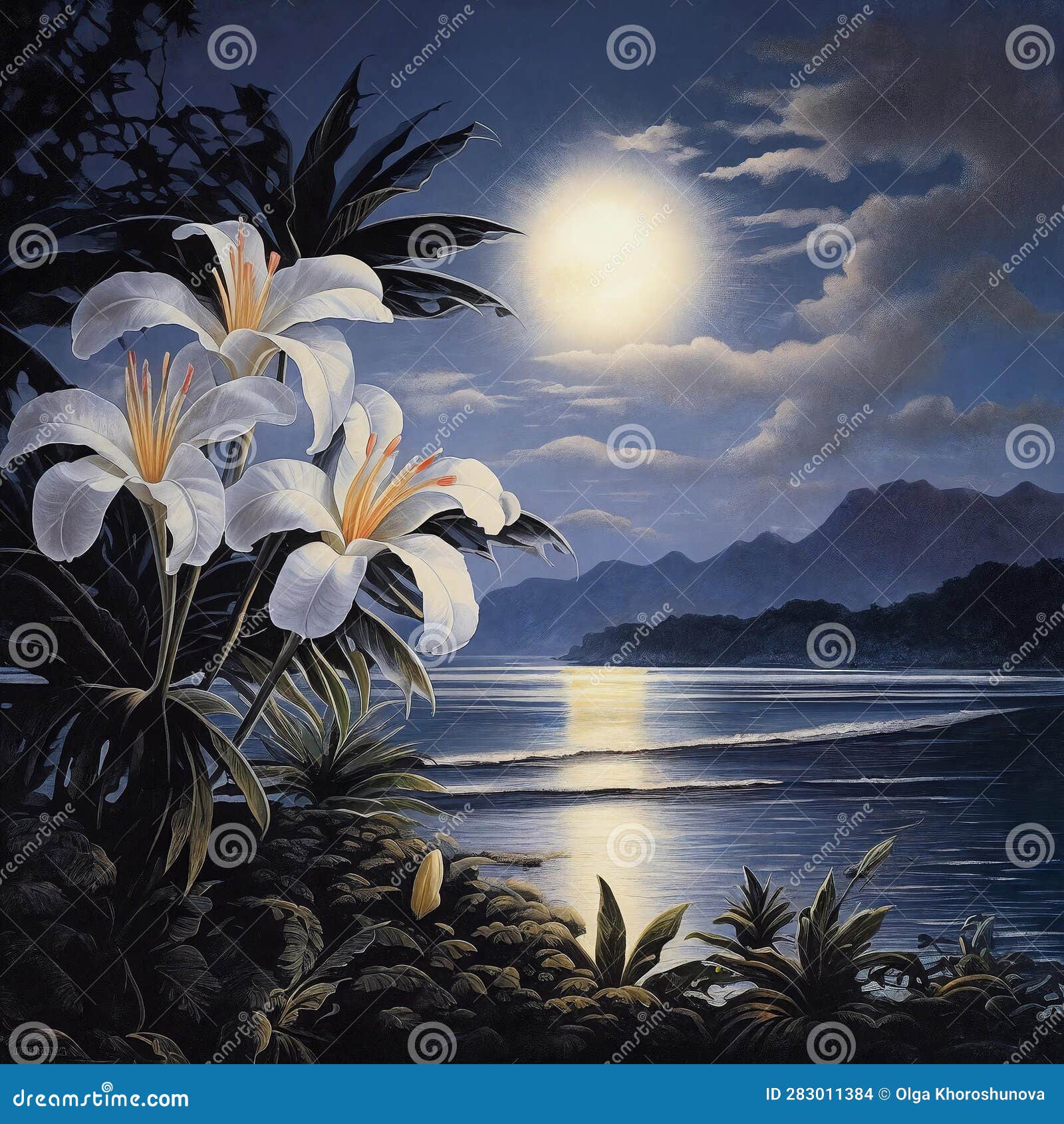 Illustration of the Full Moon Rises Over the Sea. Generative AI Stock ...