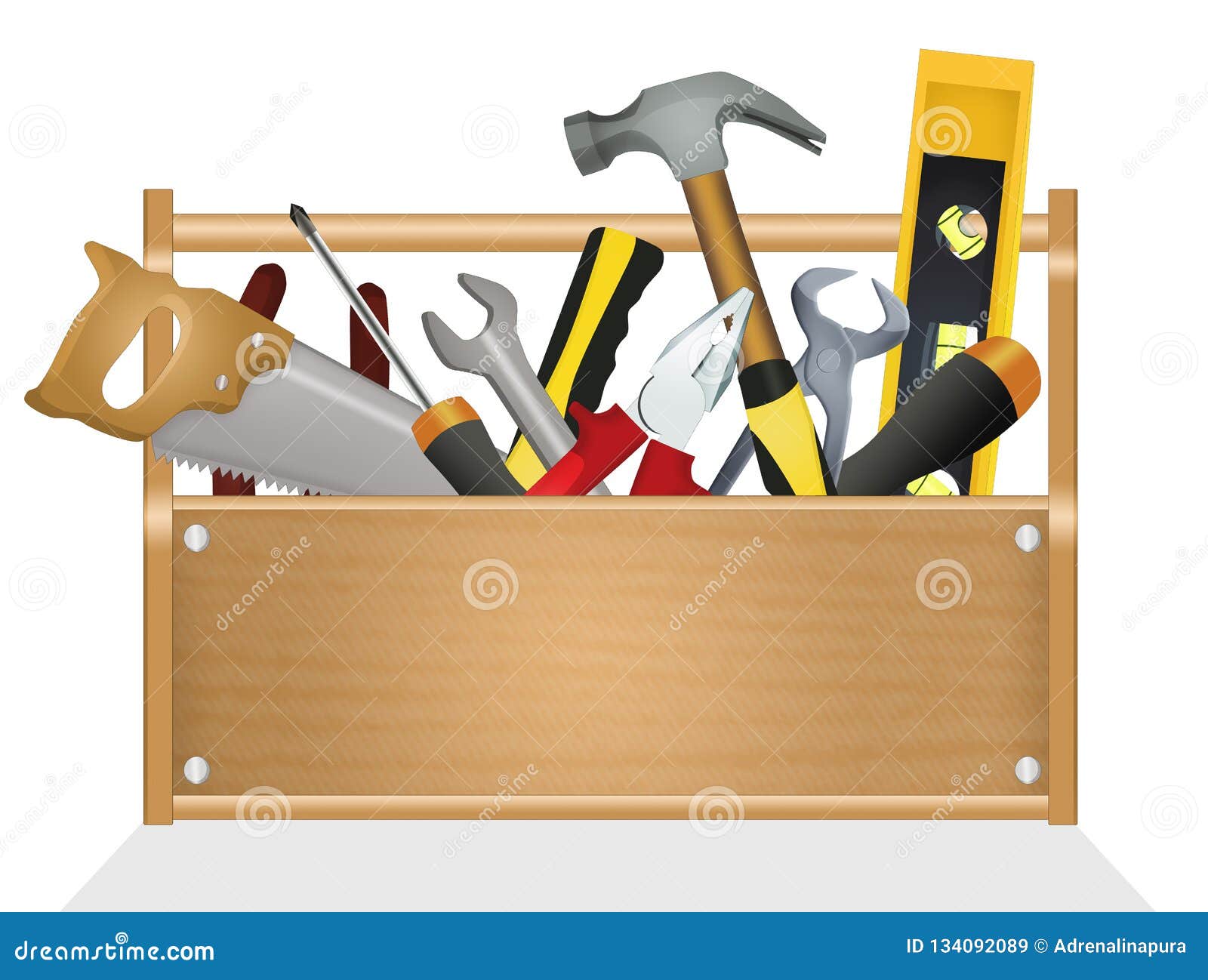 Full Toolbox With Tools. Wooden Tool Box. Hammer And Drill. Wrench And ...