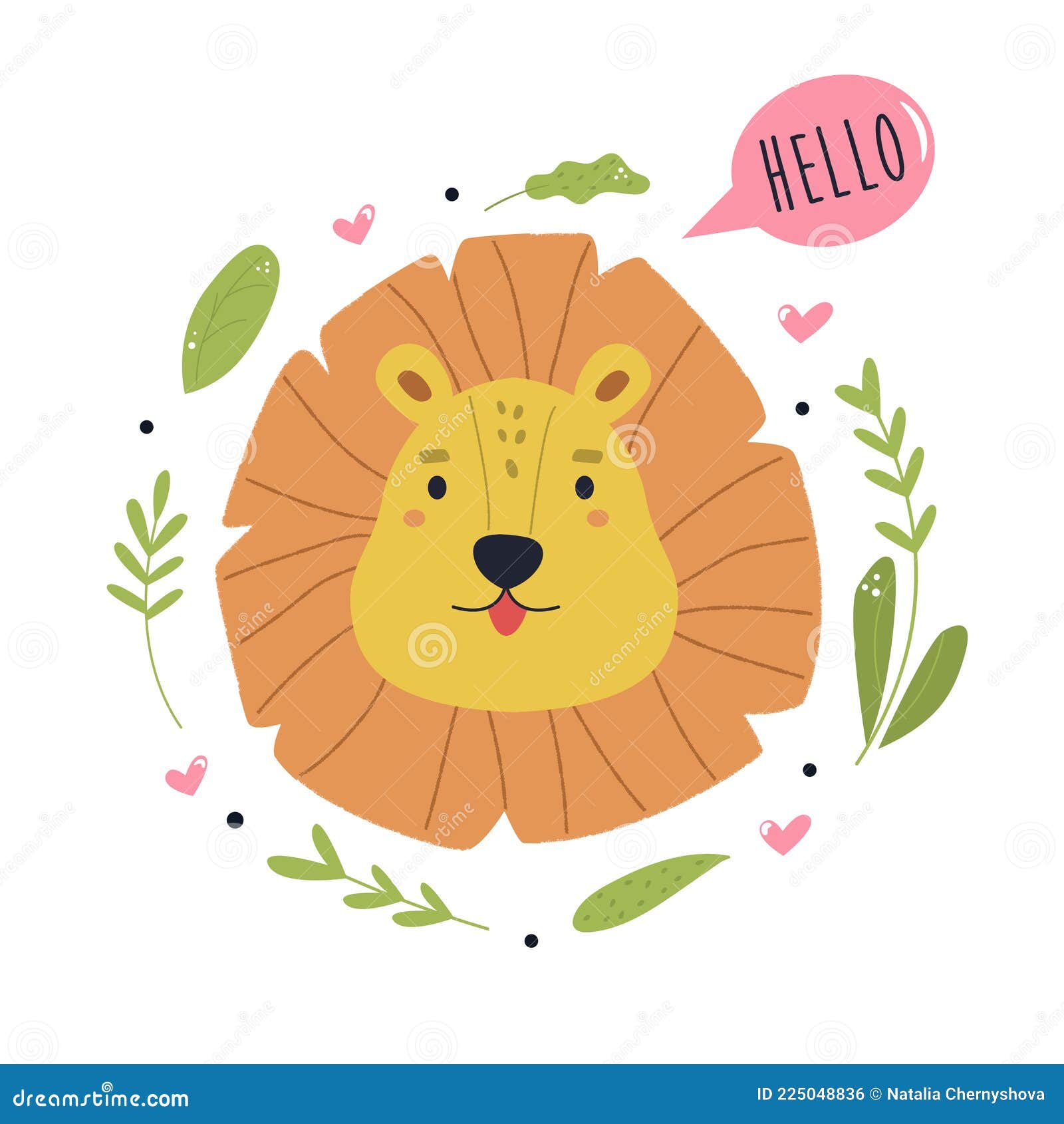 Illustration of a Funny Lion Saying HELLO. Vector Composition with ...