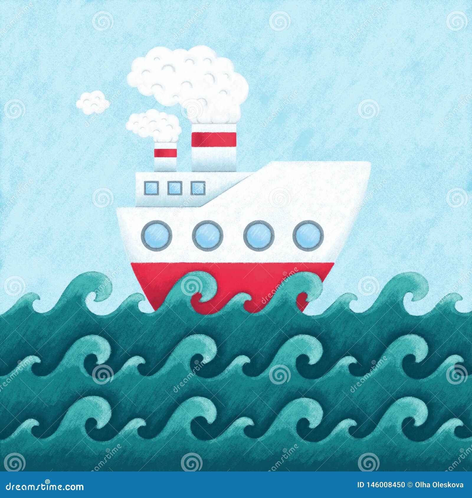 Funny Ship In Cartoon Style. Vessel Sailing In The Waves In The Blue ...