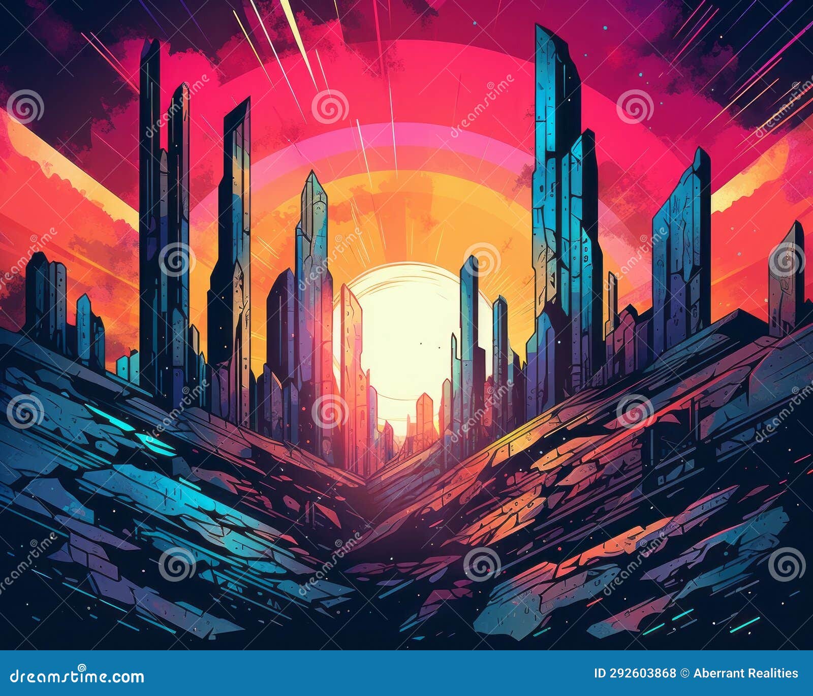 An Illustration of a Futuristic City with a Sunset in the Background ...