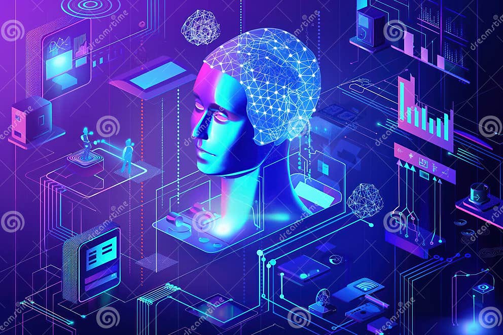 Illustration of Futuristic Digital Network with Artificial Intelligence Brain, Machine Learning ...