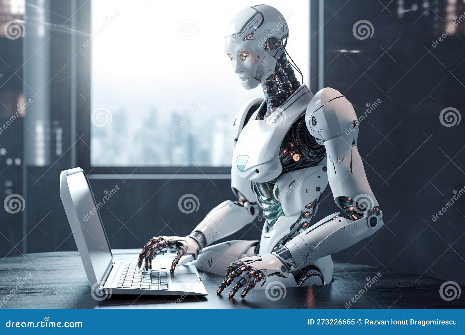 Futuristic Humanoid Robot, Sitting in Front of a Laptop and Texting ...