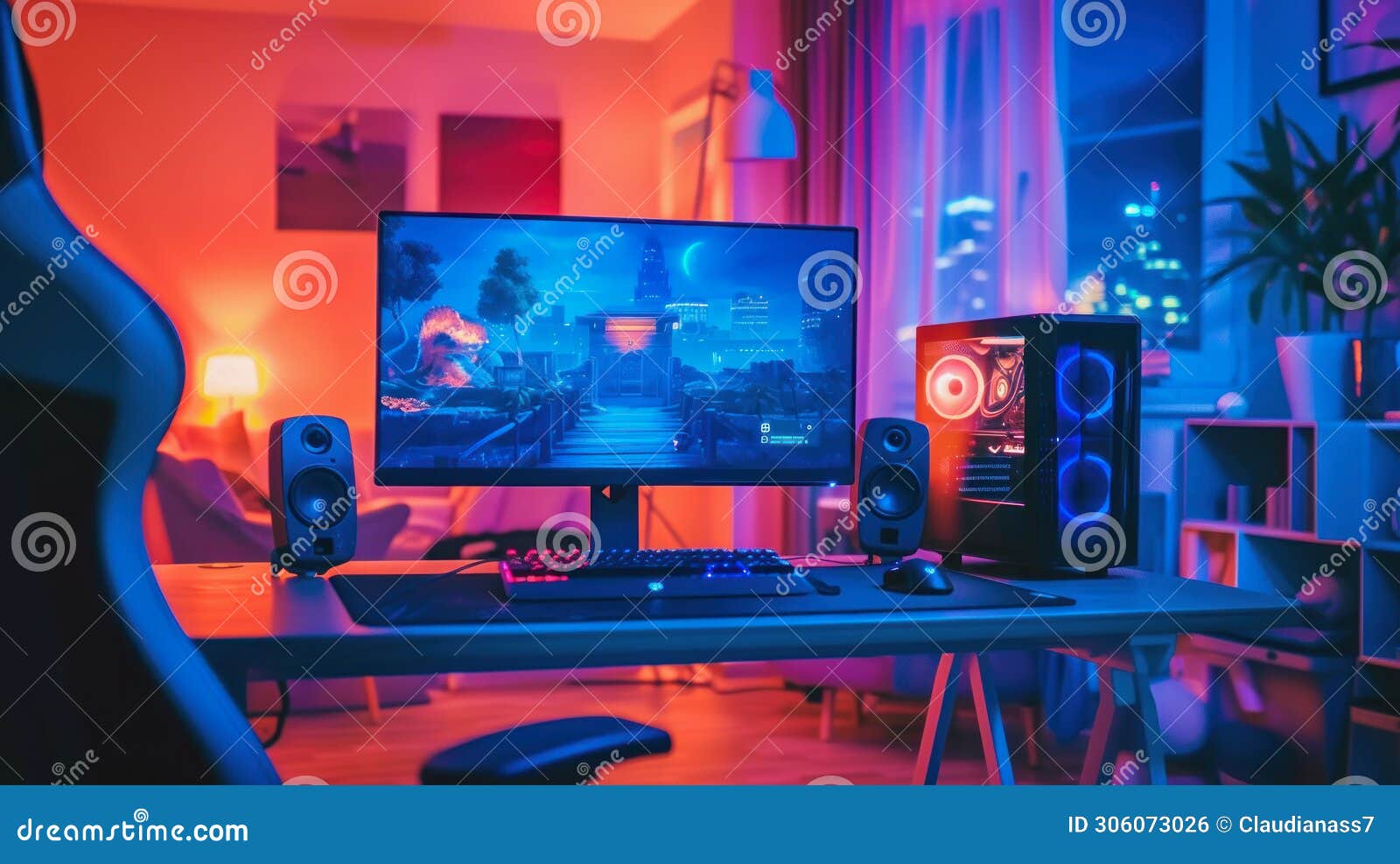 Illustration of a Gaming Setup with Powerful PC in a Modern Living Room ...