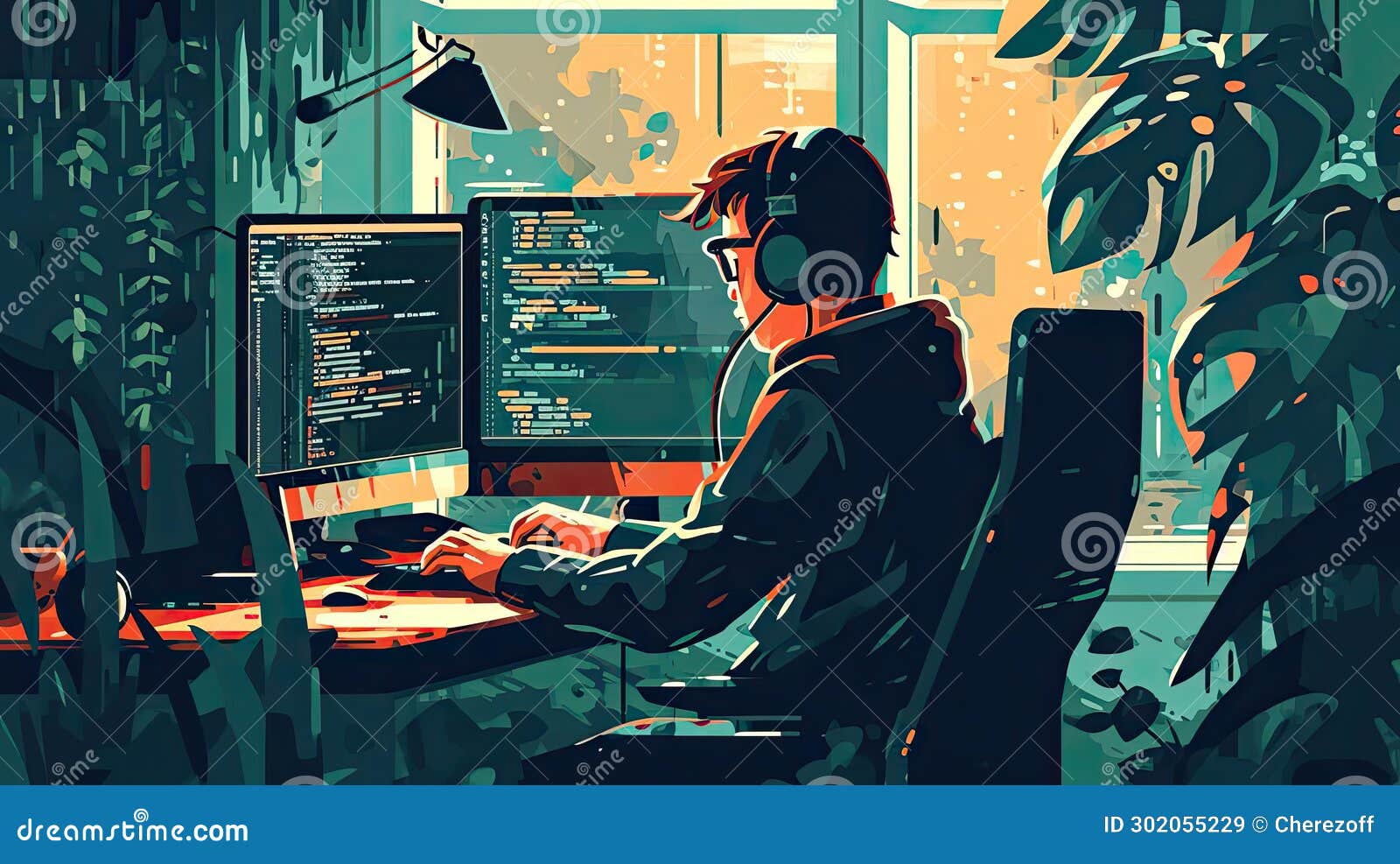 Illustration of a Geek at Work Stock Image - Image of outline, code ...
