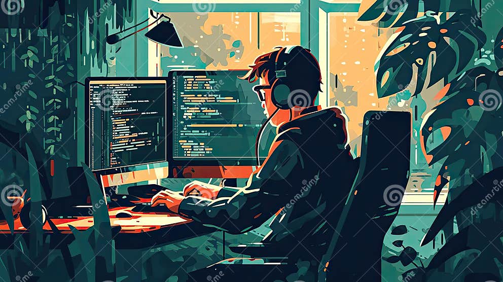 Illustration of a Geek at Work Stock Image - Image of outline, code ...