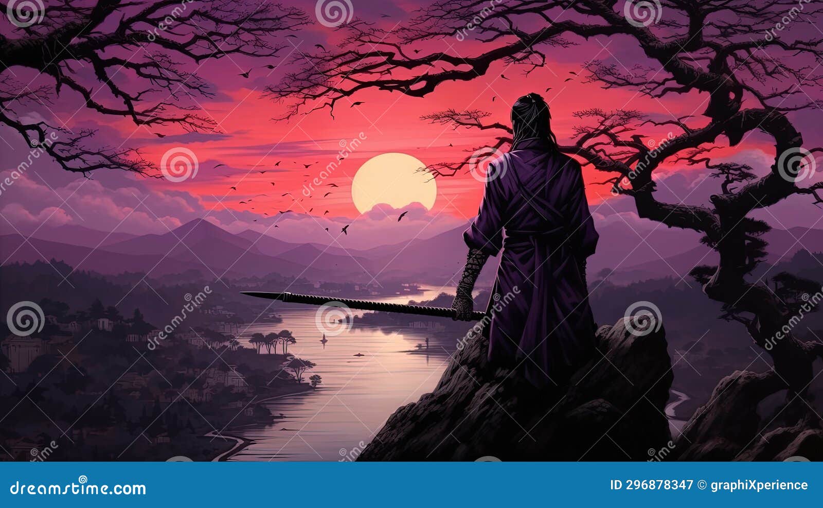 Shadowed Samurai at Sunset stock illustration. Illustration of sword ...