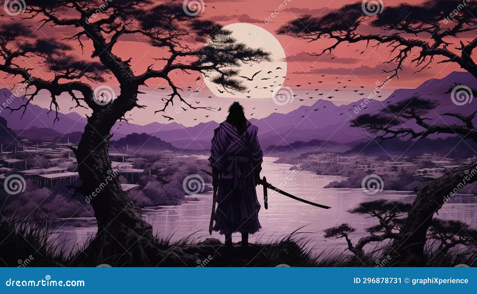 Shadowed Samurai at Sunset stock illustration. Illustration of martial ...