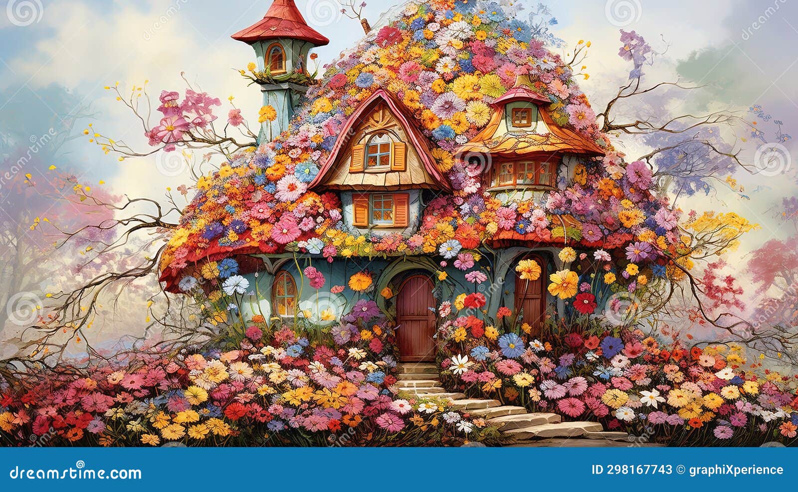 Enchanted Hat Cottage stock illustration. Illustration of world - 298167743