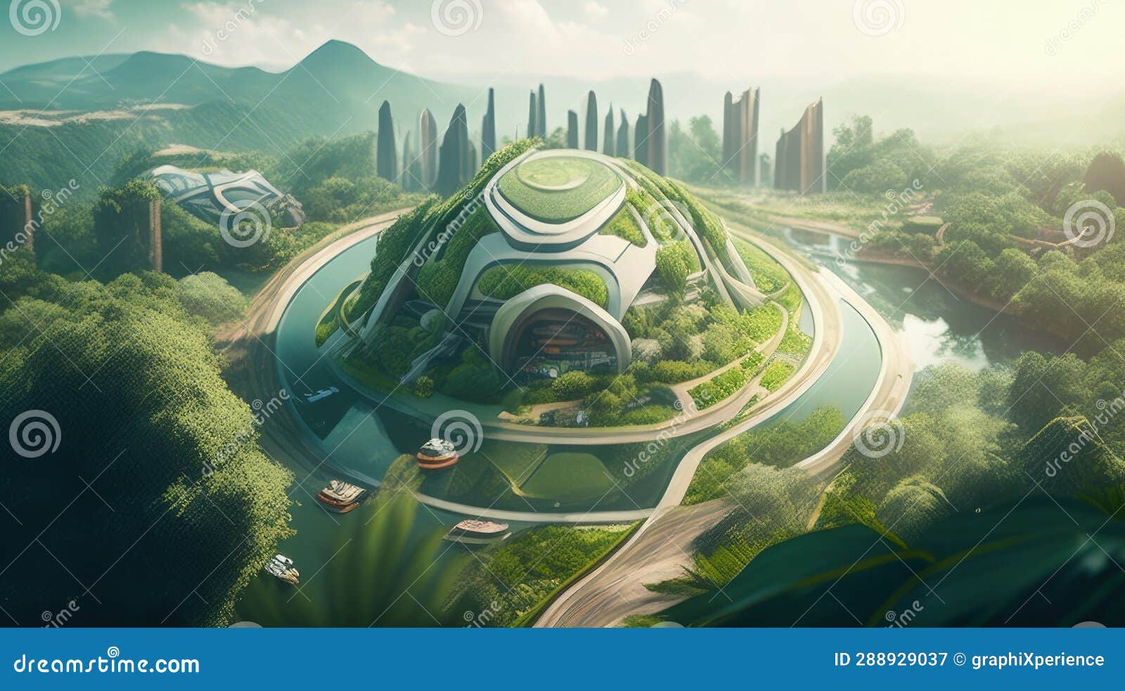 Futuristic Oasis in Natures Lap Stock Illustration - Illustration of ...