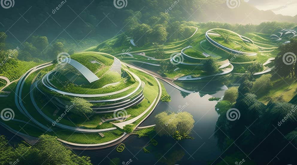 Futuristic Oasis in Natures Lap Stock Illustration - Illustration of ...
