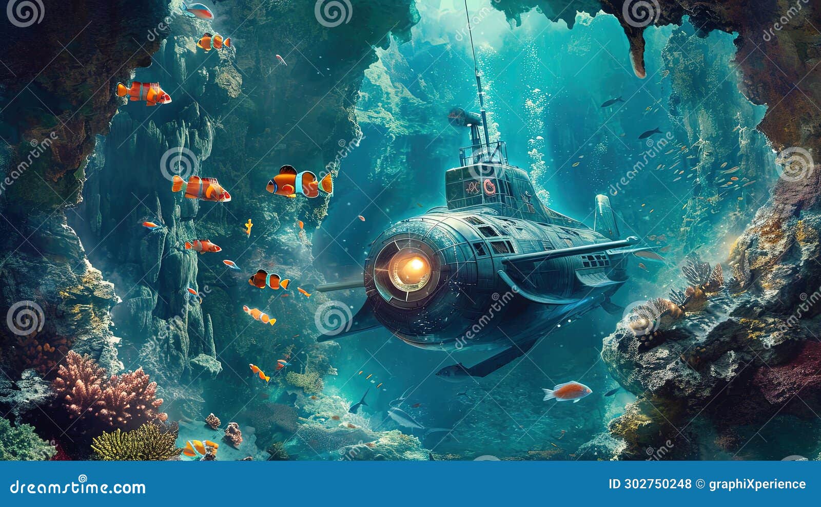 Submarine Adventure stock illustration. Illustration of canyon - 302750248