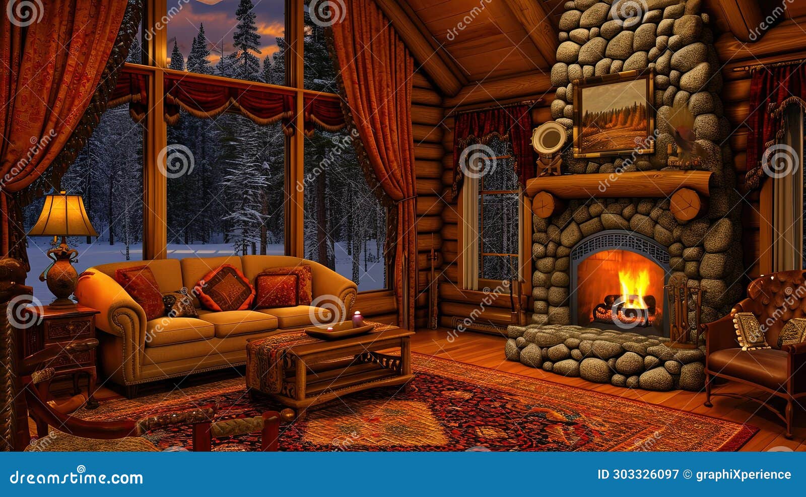 Cozy Forest Cabin Retreat stock image. Image of christmas - 303326097