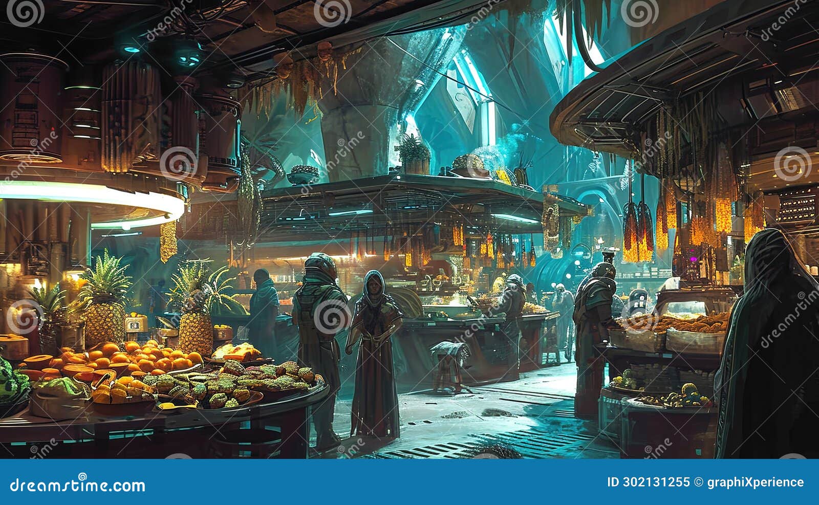 Cosmic Food Extravaganza stock illustration. Illustration of people ...