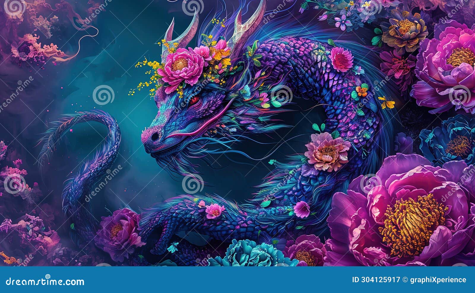Colorful Dragon in Flowers stock illustration. Illustration of color ...
