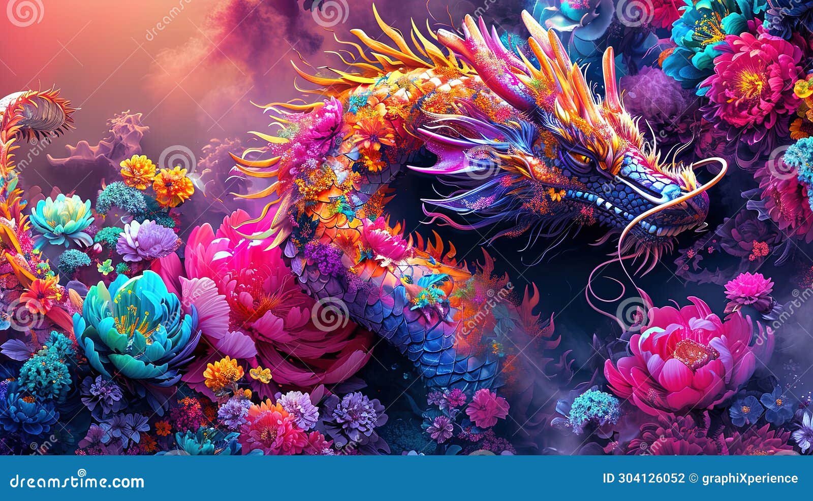 Colorful Dragon in Flowers stock illustration. Illustration of yellow ...