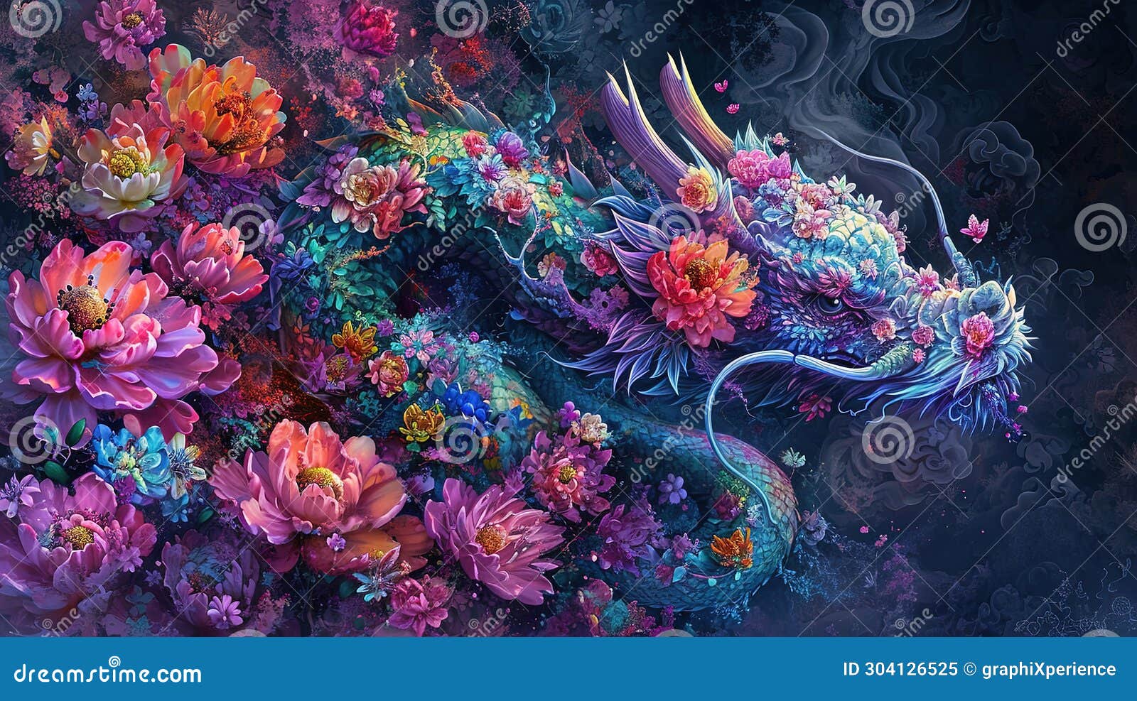 Colorful Dragon in Flowers stock illustration. Illustration of beauty ...